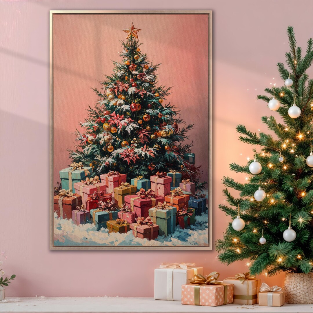 Christmas Tree Decorated With Toys Framed Canvas Print Gift Boxes ...