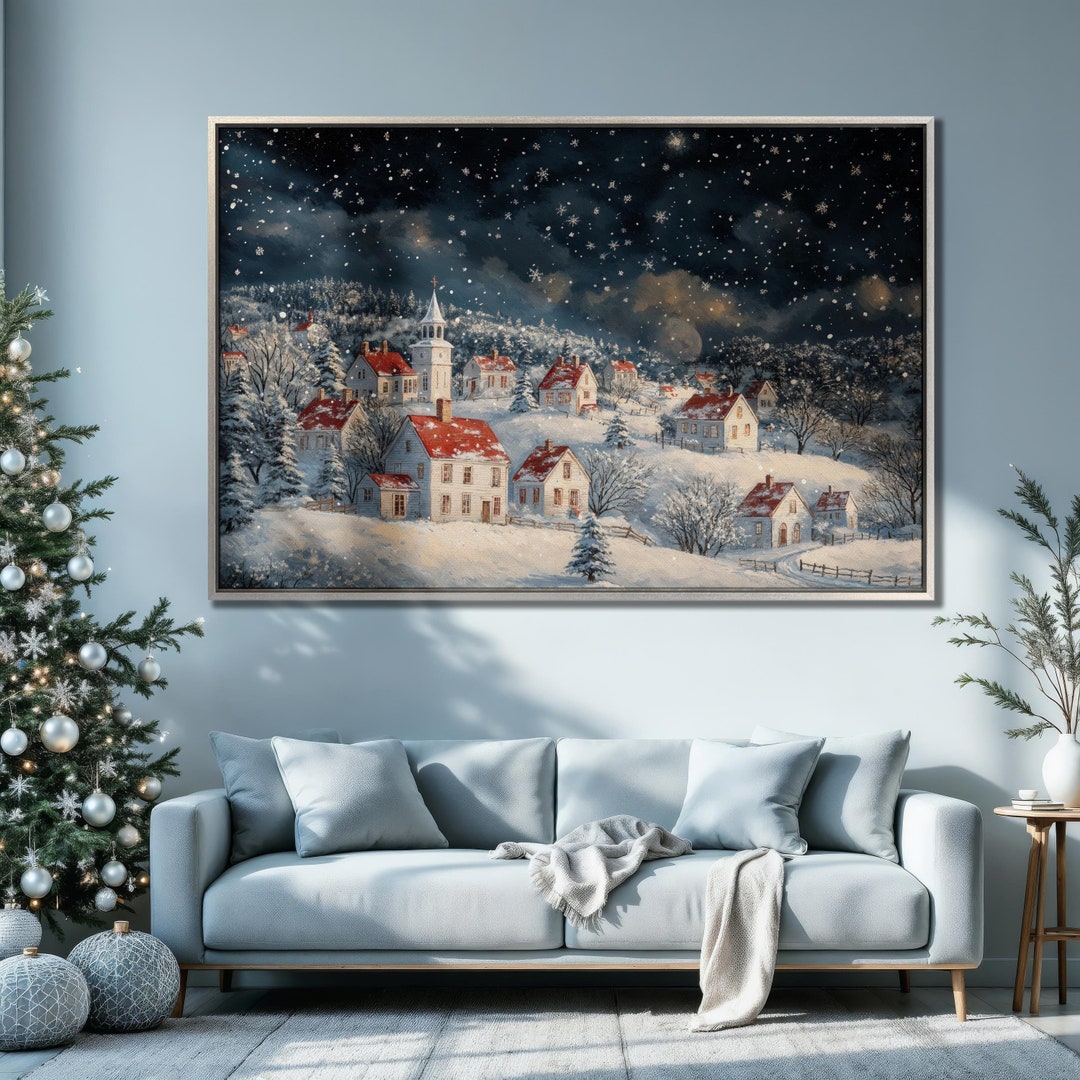 Winter Village Scene Framed Canvas Print Snowy Night Canvas Wall Art ...
