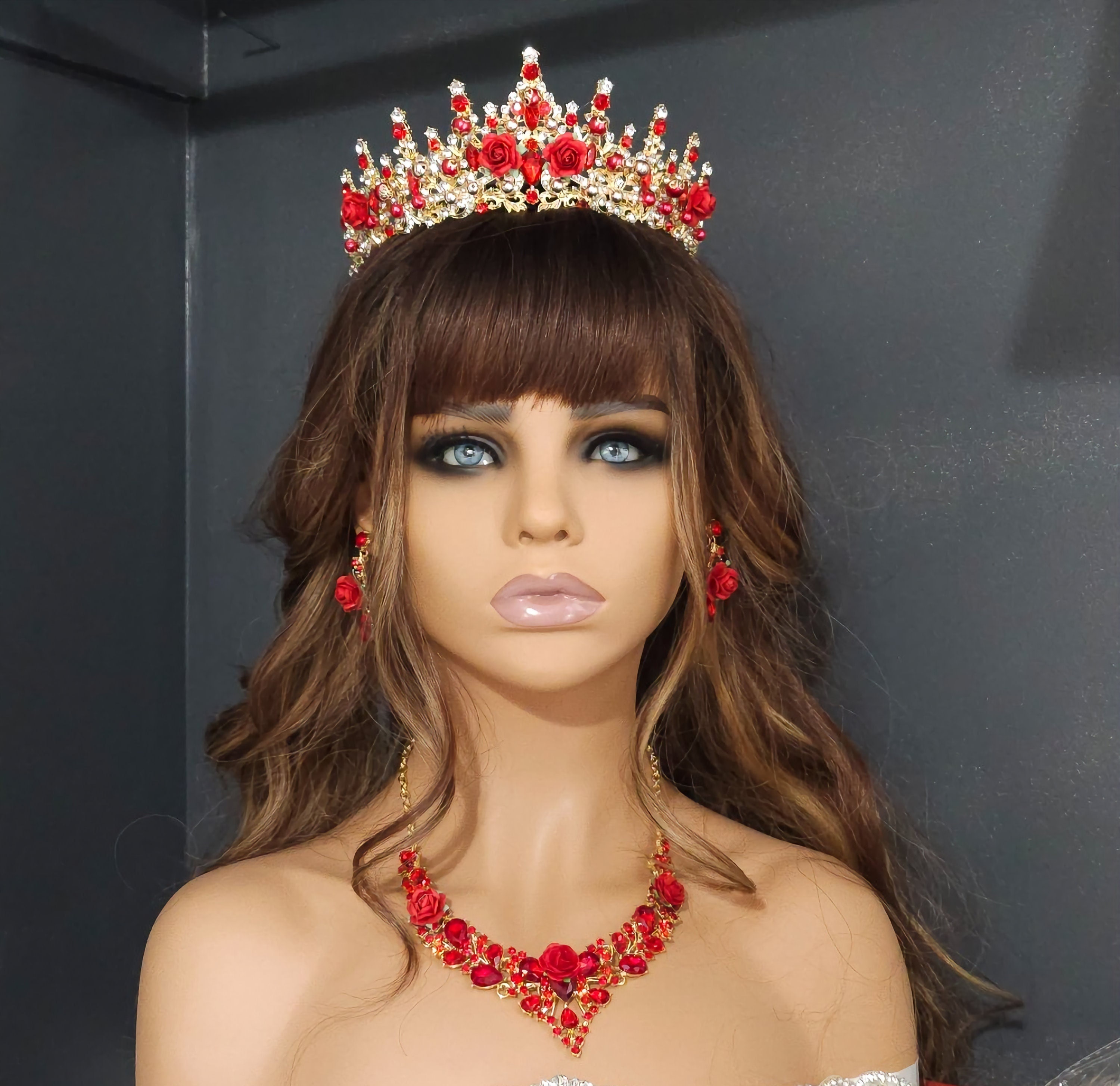 Rose Red Bridal Tiara, Red Quinceanera Crown Necklace Earrings, Custom ...
