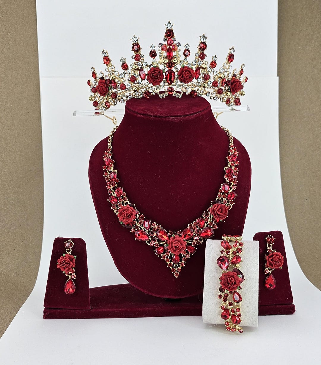 Red Bridal Tiara, Red Quinceanera Crown Necklace Earrings, Custom Red ...