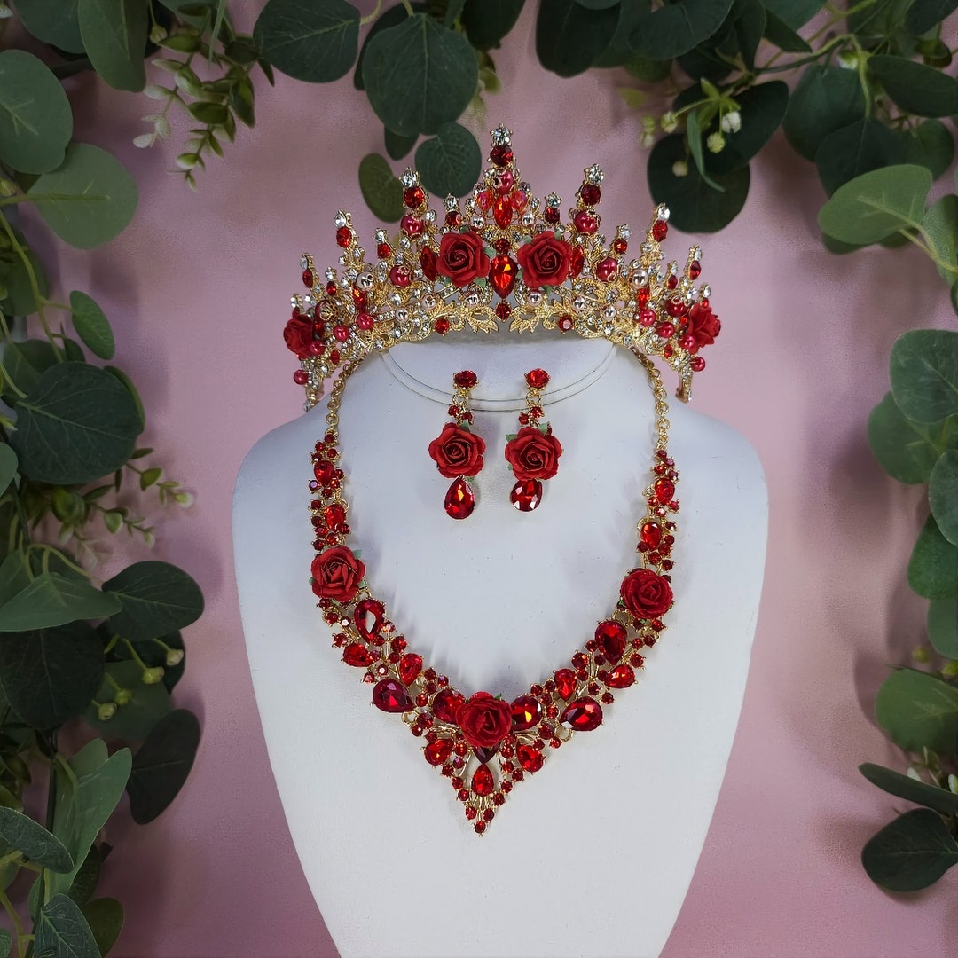 Red Bridal Tiara, Red Quinceanera Crown Necklace Earrings, Custom Red ...