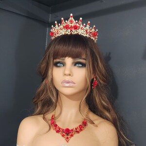 Red Bridal Tiara, Red Quinceanera Crown Necklace Earrings, Custom Red ...