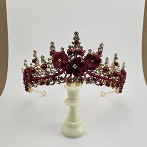 Burgandy Bridal Tiara Maroon Crystal Quinceanera Tiara, Custom Gold ...