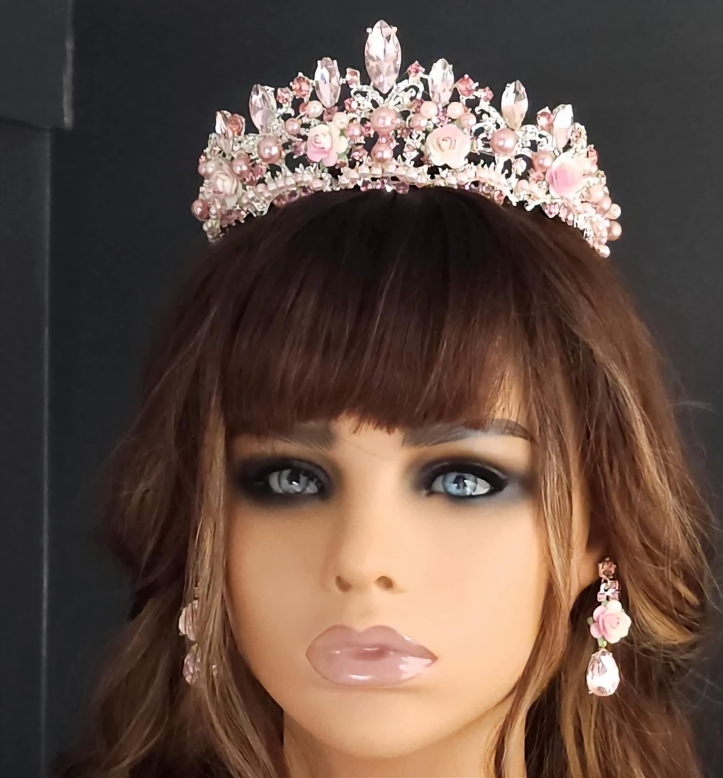 Pink Bridal Tiara, Pink Quinceanera Crown Necklace Earrings, Custom ...