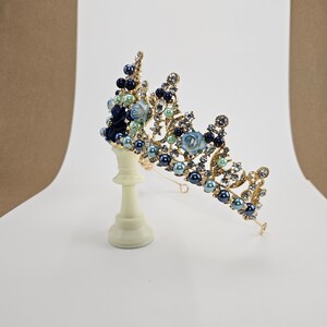 Blue Tiara, Custom Gold Blue Quinceanera Tiara, Blue Crystal Gold Crown ...