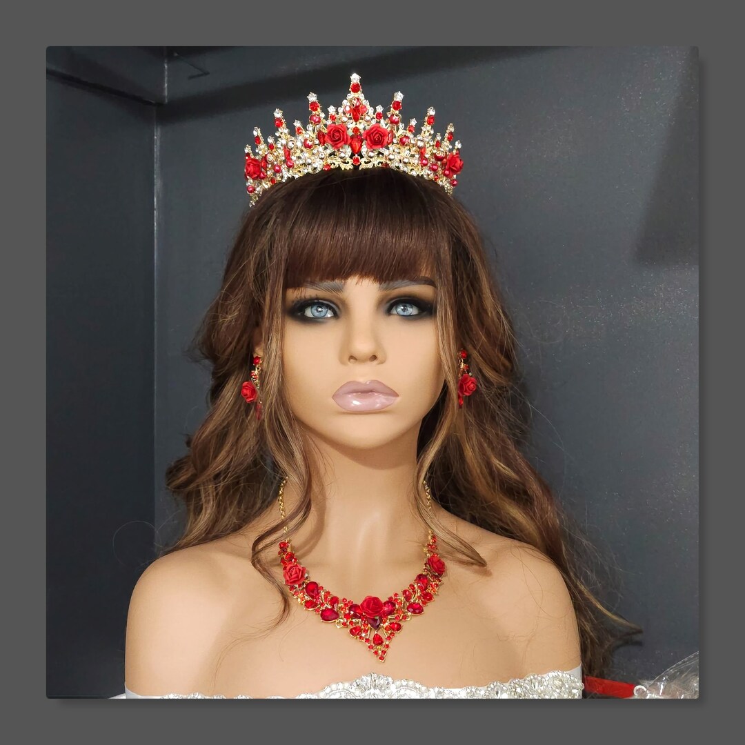 Rose Red Bridal Tiara, Red Quinceanera Crown Necklace Earrings, Custom ...