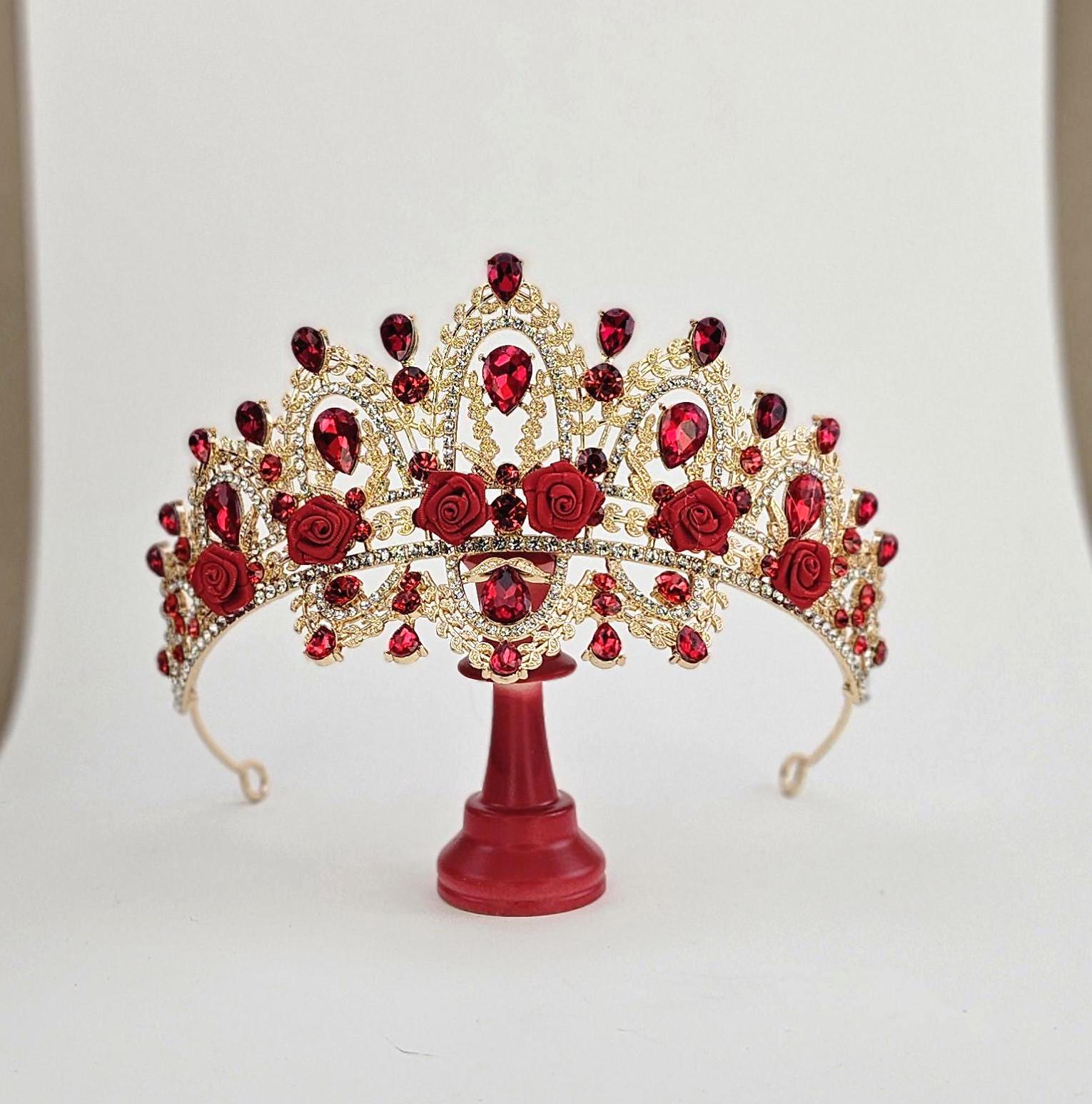 Red & Gold Quinceañera Tiara: Floral Rose Crown - Etsy