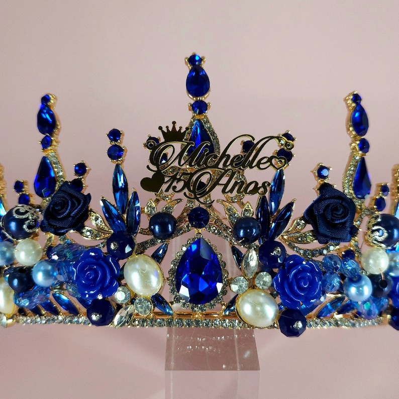 Blue Quinceanera Tiara, Custom Name Plate, Royal Blue and Gold - Etsy