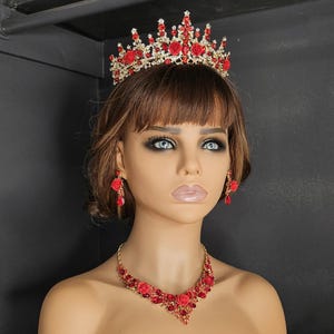 Red Bridal Tiara, Red Quinceanera Crown Necklace Earrings, Custom Red ...