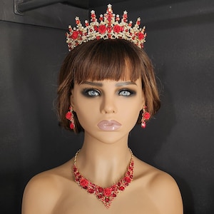 Red Bridal Tiara, Red Quinceanera Crown Necklace Earrings, Custom Red ...