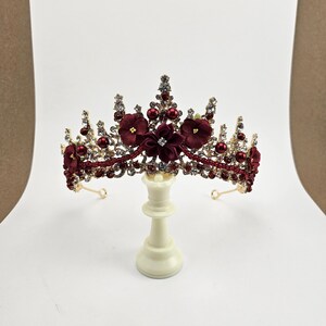 Burgandy Bridal Tiara Maroon Crystal Quinceanera Tiara, Custom Gold ...