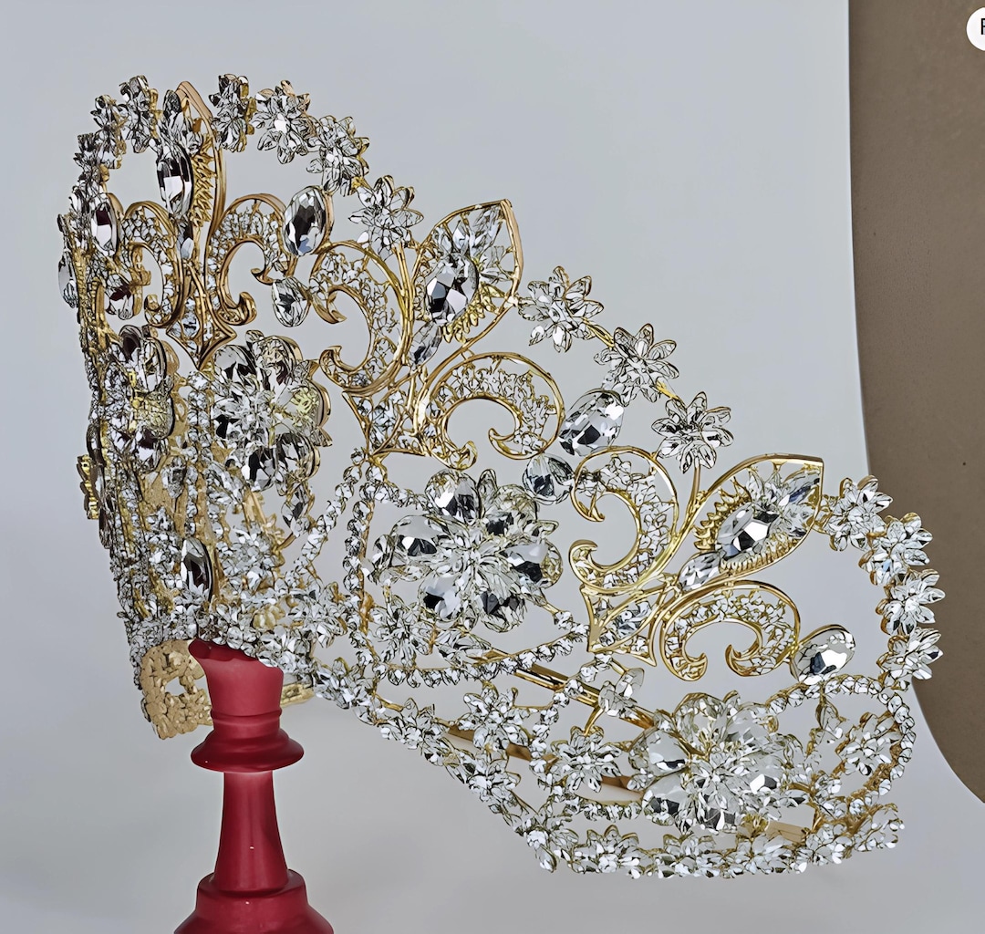 Large Tall Gold Crown, Wedding Tiara for Gold Bridal Crown, Big Royal ...