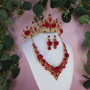 Red Bridal Tiara, Red Quinceanera Crown Necklace Earrings, Custom Red ...