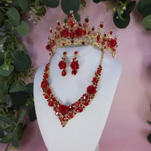 Red Bridal Tiara, Red Quinceanera Crown Necklace Earrings, Custom Red ...
