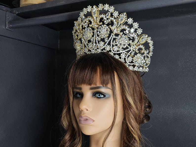 Large Tall Gold Crown, Wedding Tiara for Gold Bridal Crown, Big Royal ...
