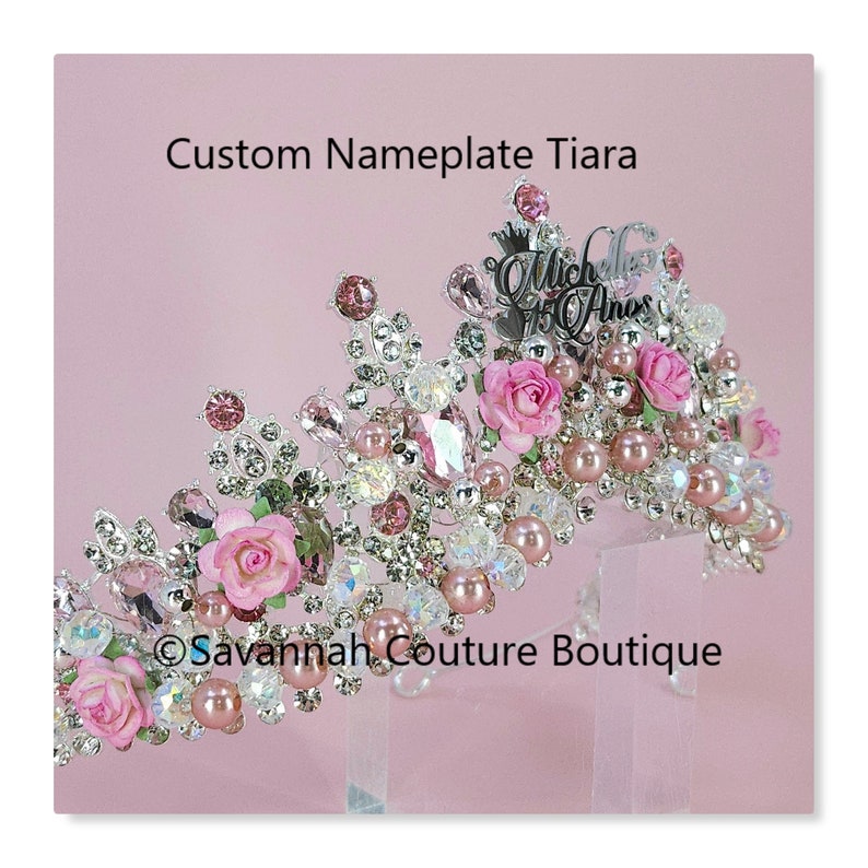 Custom Pink Quinceanera Tiara, Silver Crown With Nameplate - Etsy