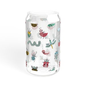 Clear Cylindrical Glass Can With Colorful Bug Illustrations| Whimsical ...