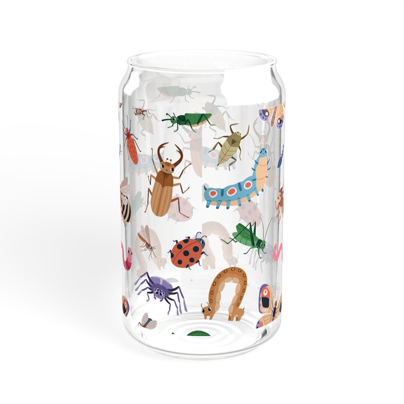 Clear Cylindrical Glass Can With Colorful Bug Illustrations| Whimsical ...