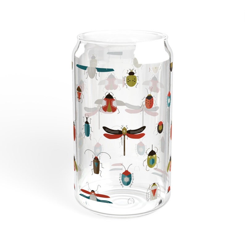 Clear Cylindrical Glass Can With Colorful Bug Illustrations| Whimsical ...