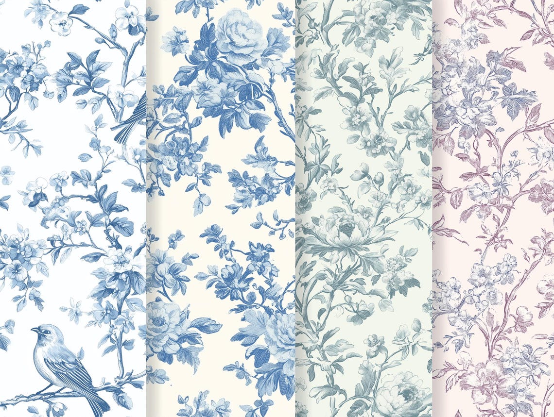 Toile De Jouy Seamless Pattern Set - 8 Soft Floral Designs | Digital ...