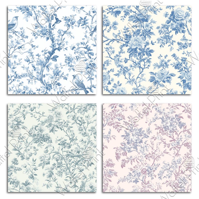 Toile De Jouy Seamless Pattern Set - 8 Soft Floral Designs | Digital ...