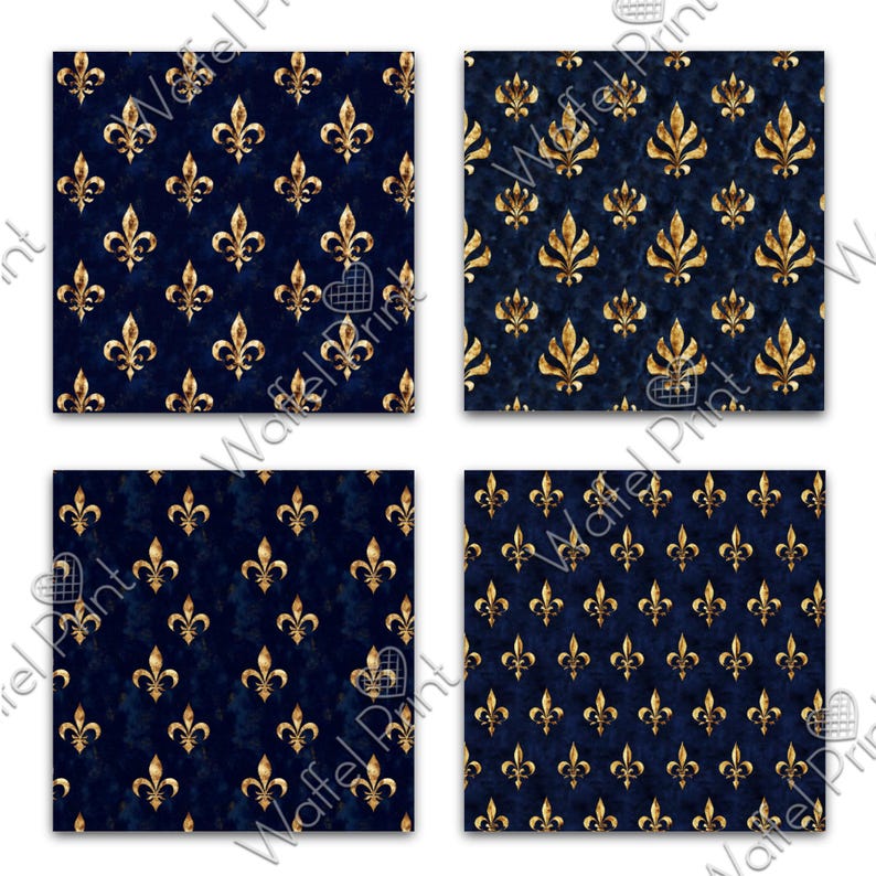 Gold and Blue Fleur De Lis Seamless Pattern Set Royal Blue Watercolor ...