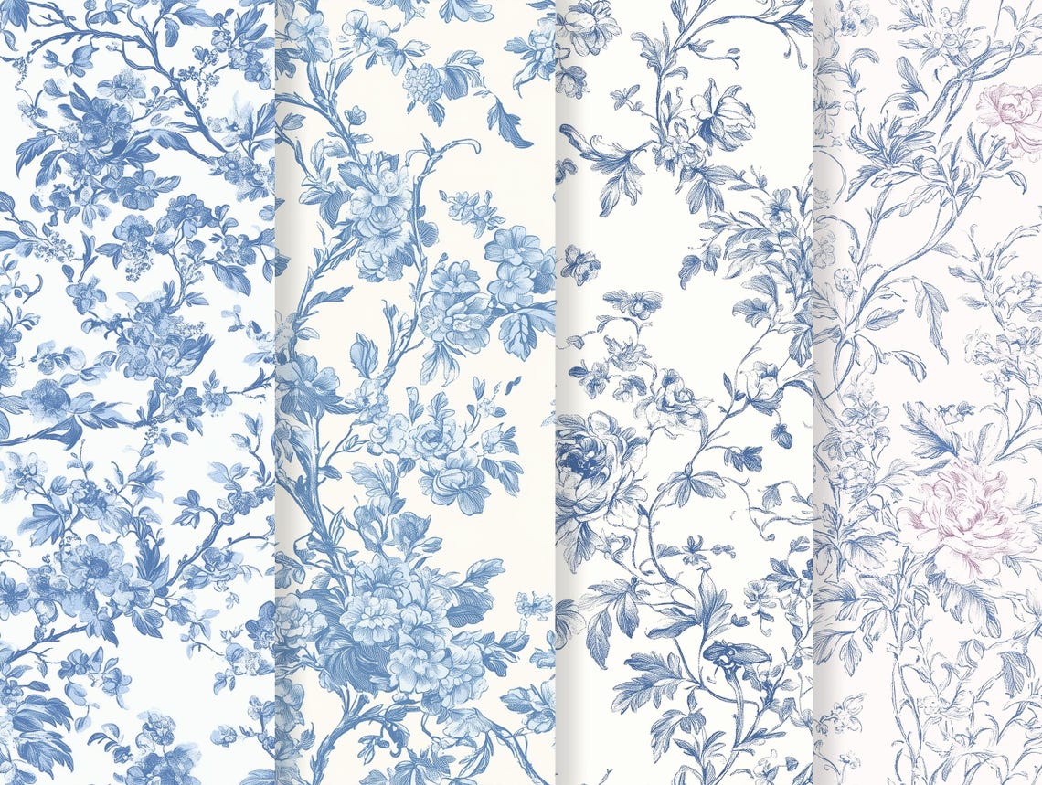 Toile De Jouy Seamless Pattern Set - 8 Soft Floral Designs | Digital ...