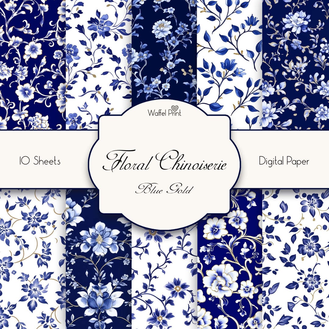 Floral Chinoiserie Seamless Pattern Set | 10 Blue, White & Gold Floral ...
