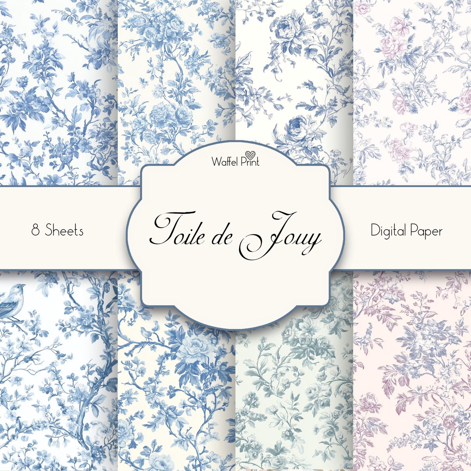 Toile De Jouy Seamless Pattern Set - 8 Soft Floral Designs | Digital ...