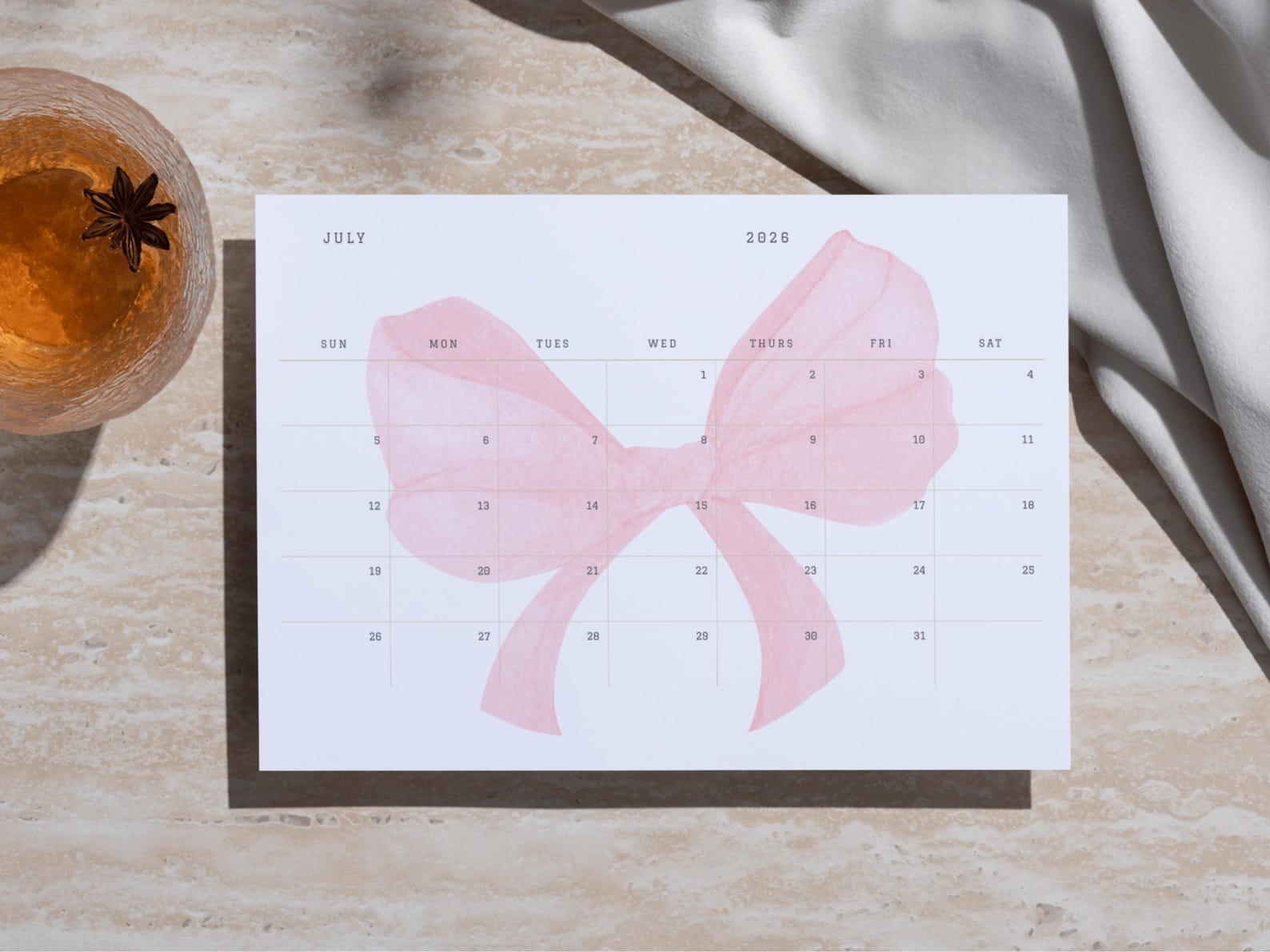 Printable 2026 Monthly Calendar Coquette Watercolor Bow Minimalist PDF ...
