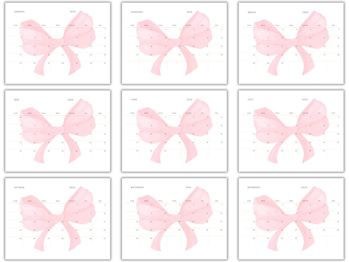Printable 2026 Monthly Calendar Coquette Watercolor Bow Minimalist PDF ...