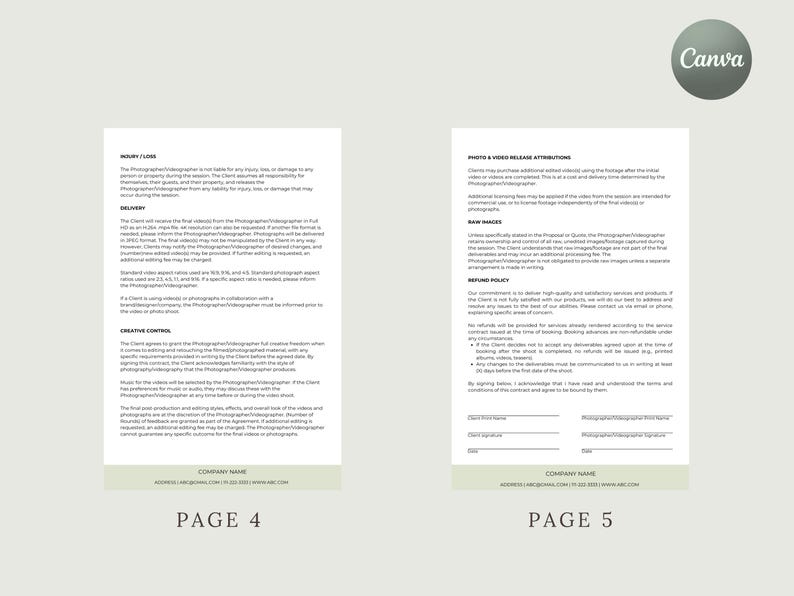 Photography/videography Client Contract, Videography Contract Template, Photography Forms ...