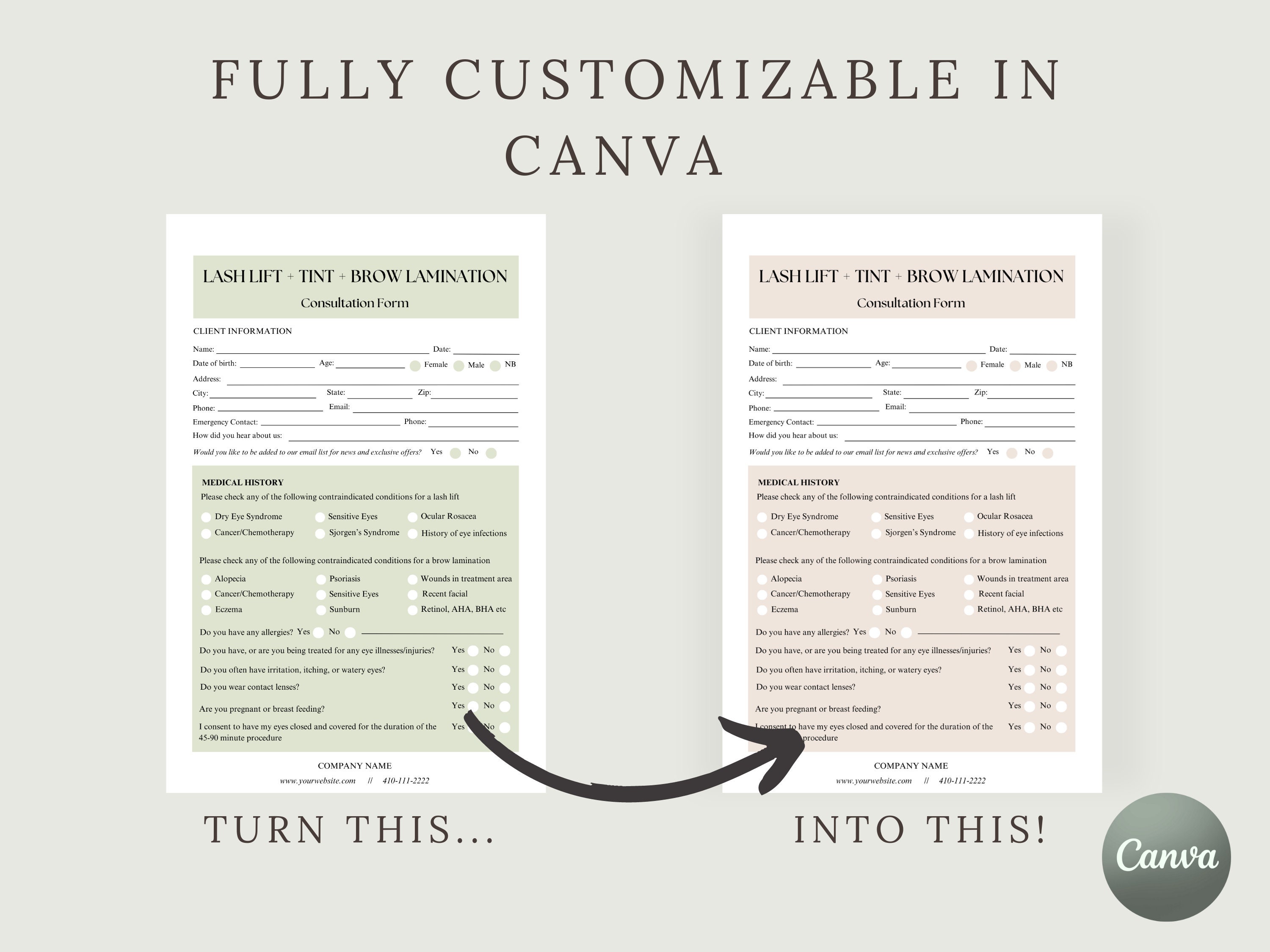 Brow Lamination, Lash Lift, Tint Forms - Editable Lash Consent ...