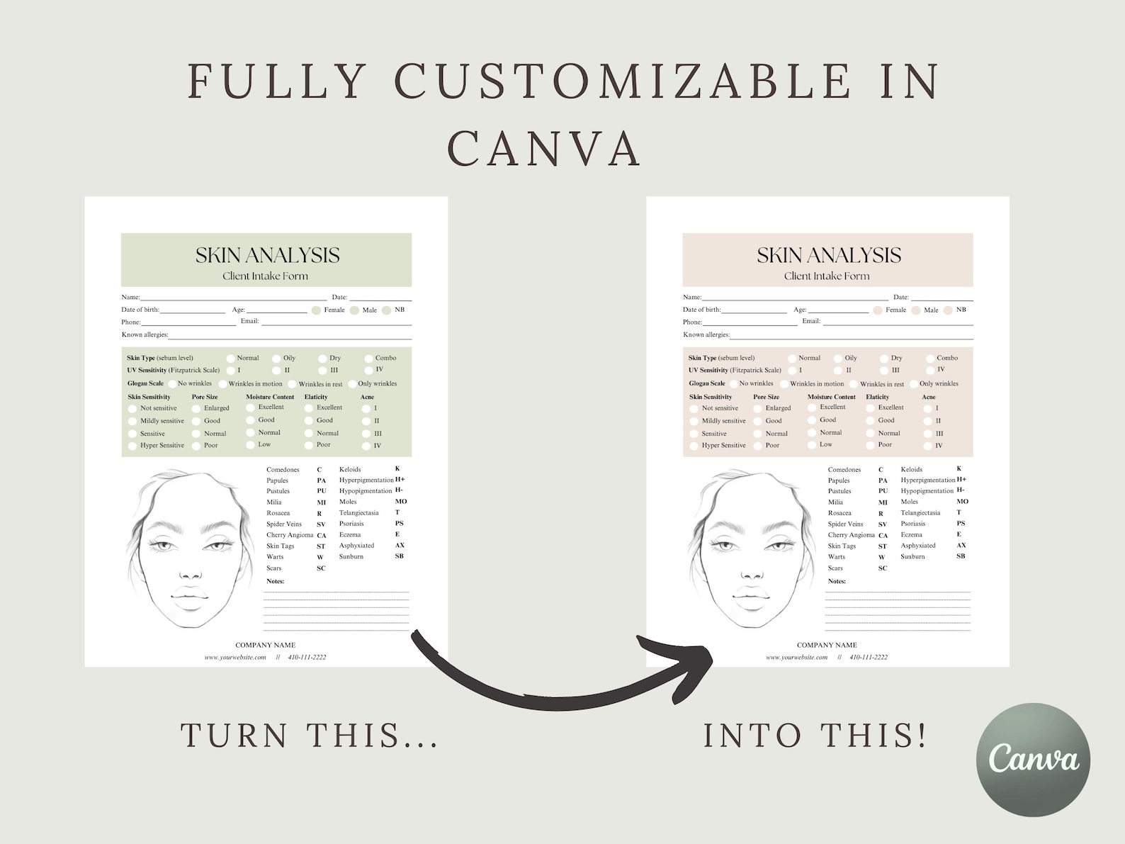 Editable Esthetician Forms, Skin Analysis, Face Mapping (digital ...
