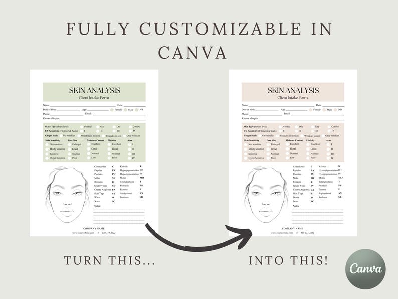 Editable Facial Skin Analysis Form, Esthetician Forms Face Mapping ...
