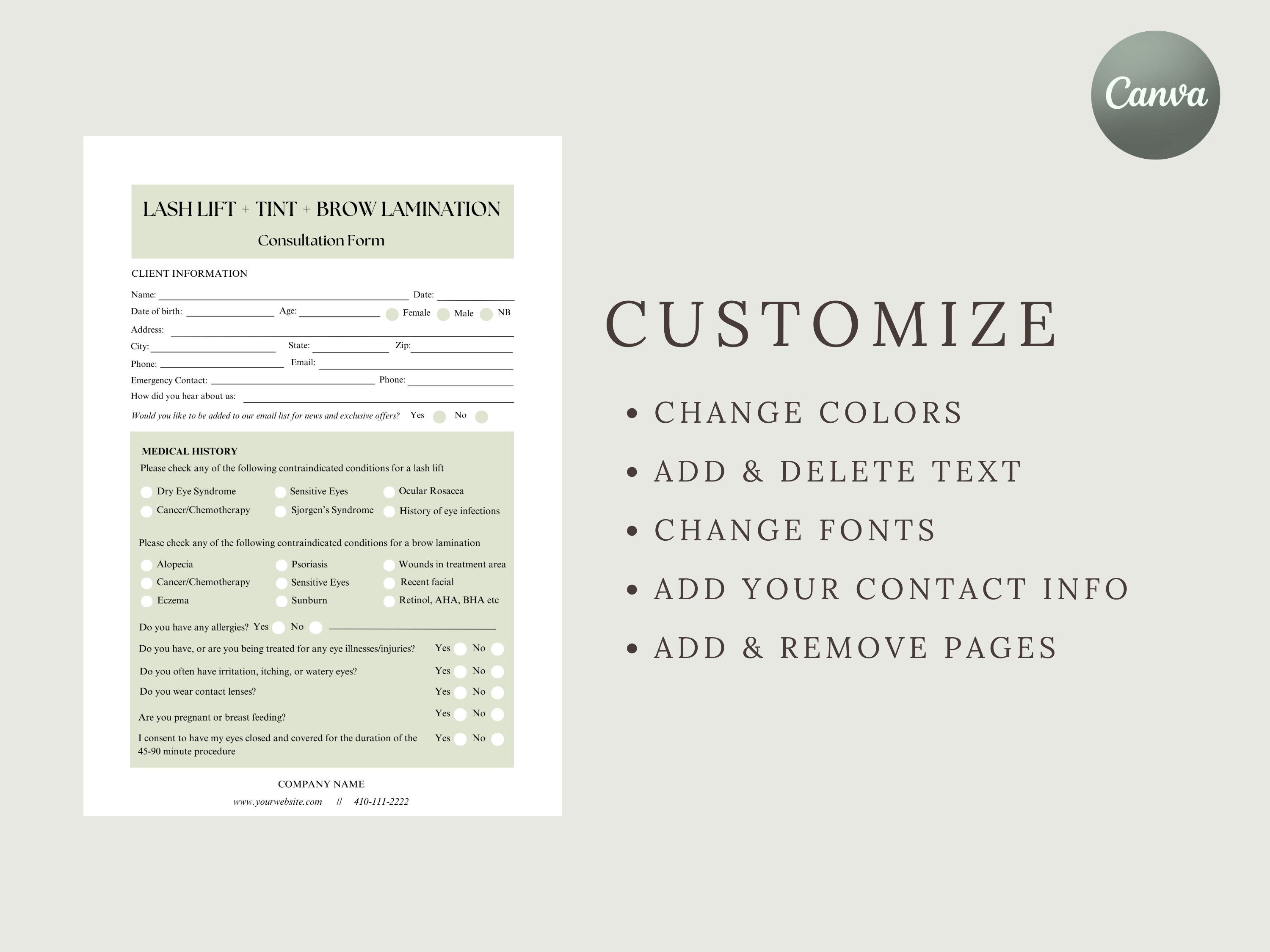 Brow Lamination, Lash Lift, Tint Forms - Editable Lash Consent ...