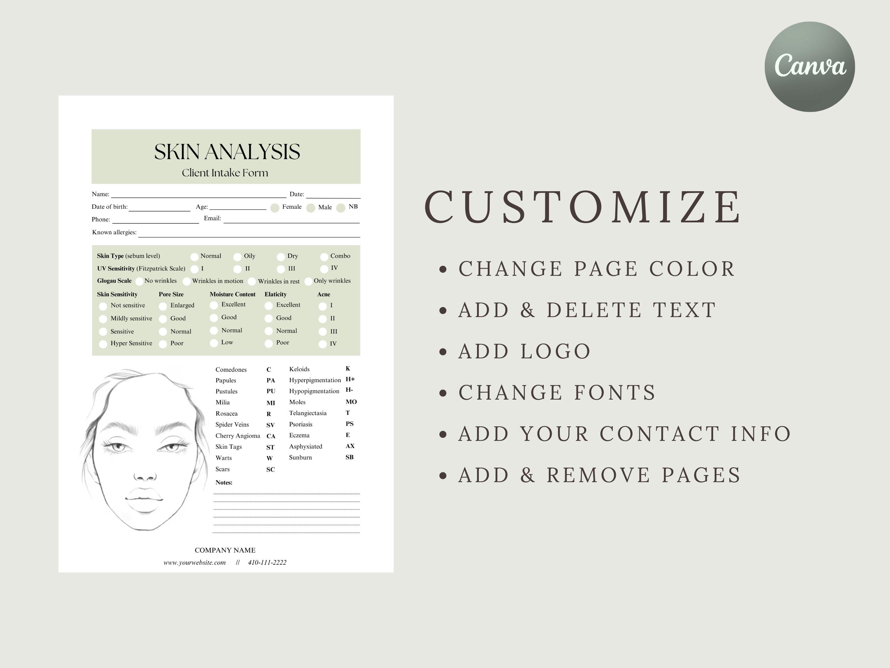 Editable Facial Skin Analysis Form, Esthetician Forms Face Mapping ...