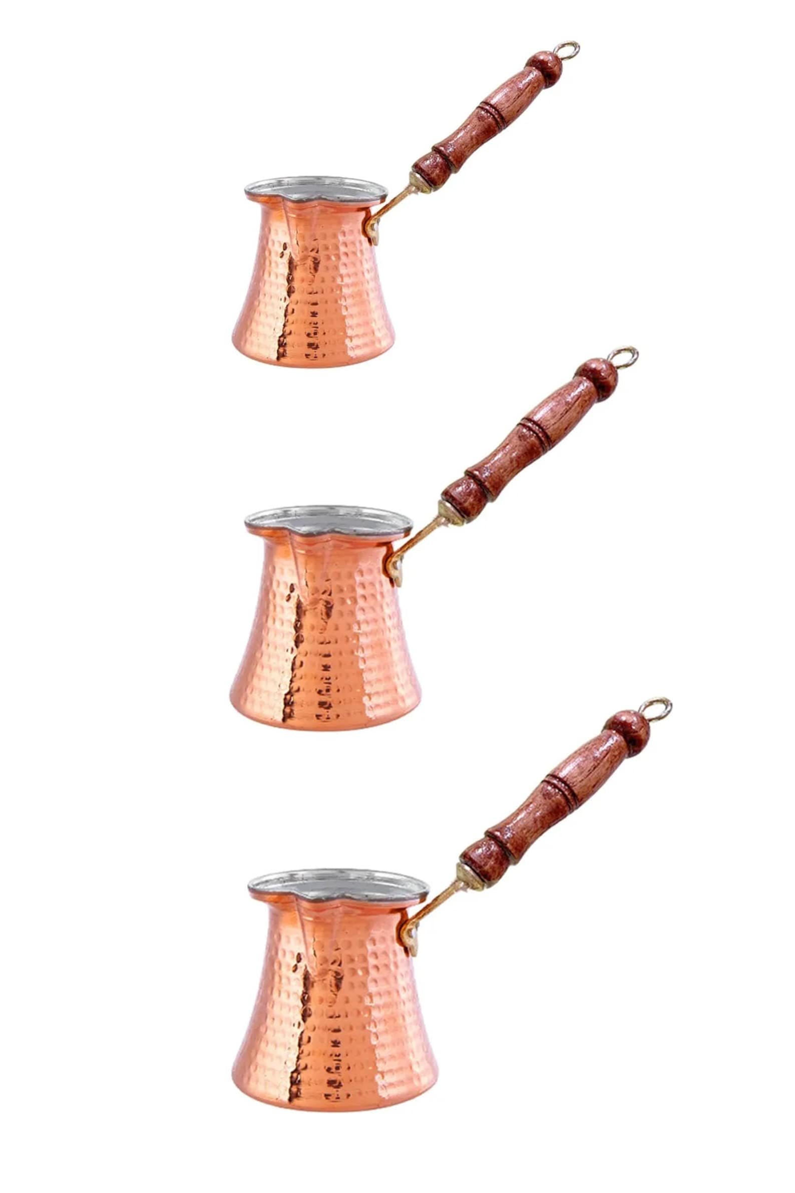 Handcrafted 3-piece Copper Turkish Coffee Pot Set With Wooden Handles ...