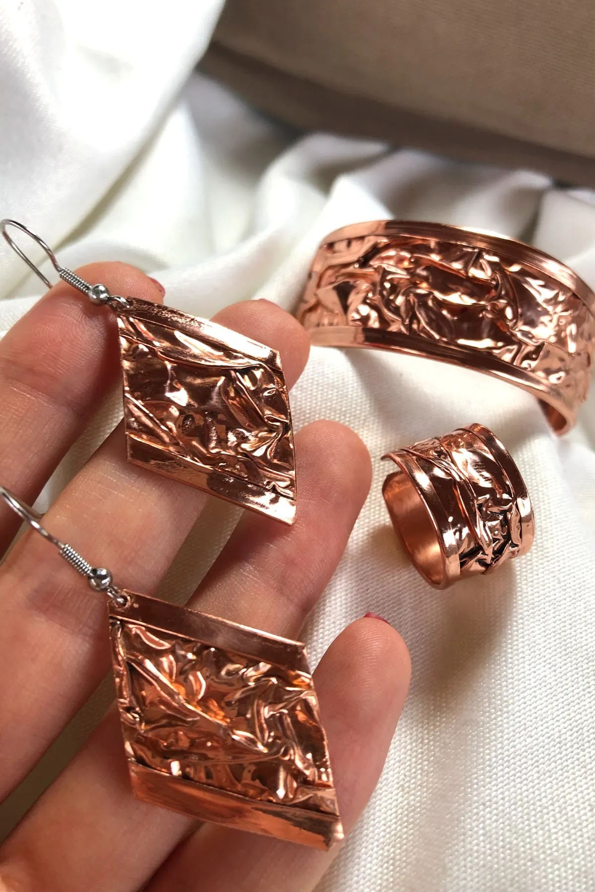 Handmade Pure Copper Bracelet, Ring and Earring Set - Textured Copper ...