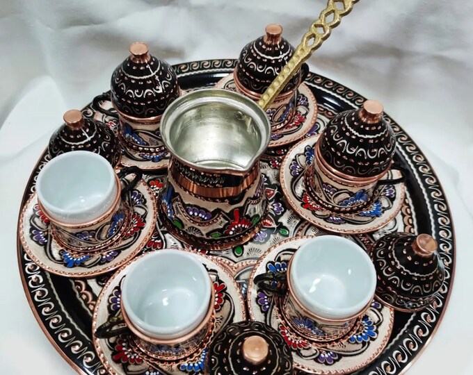 Handcrafted 6-piece Copper Cezve Coffee Cup Set With Porcelain Cups ...
