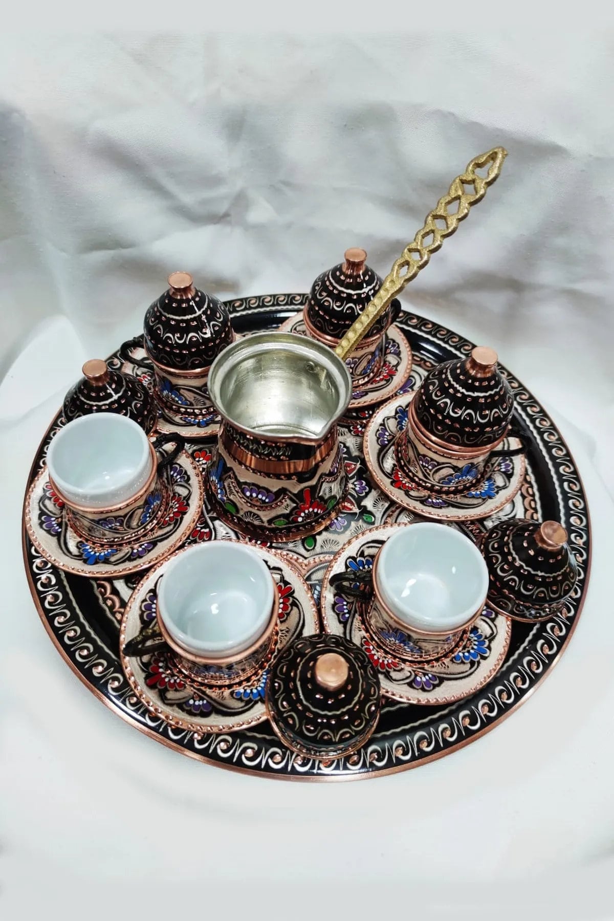 Handcrafted 6-piece Copper Cezve Coffee Cup Set With Porcelain Cups ...