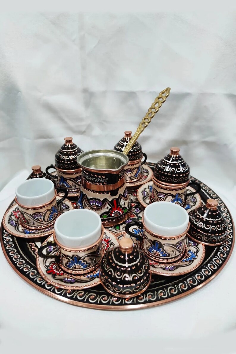 Handcrafted 6-piece Copper Cezve Coffee Cup Set With Porcelain Cups ...