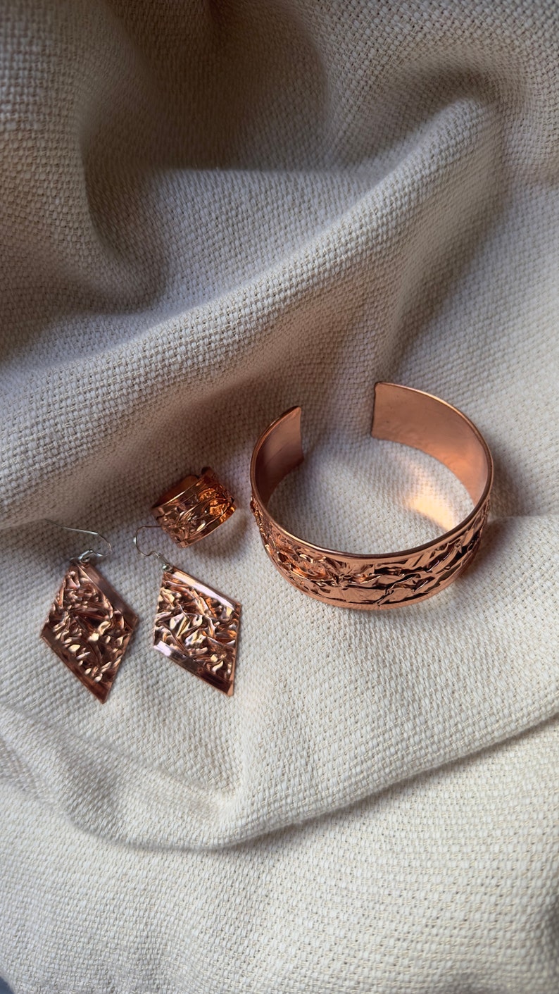 Handmade Pure Copper Bracelet, Ring and Earring Set - Textured Copper ...