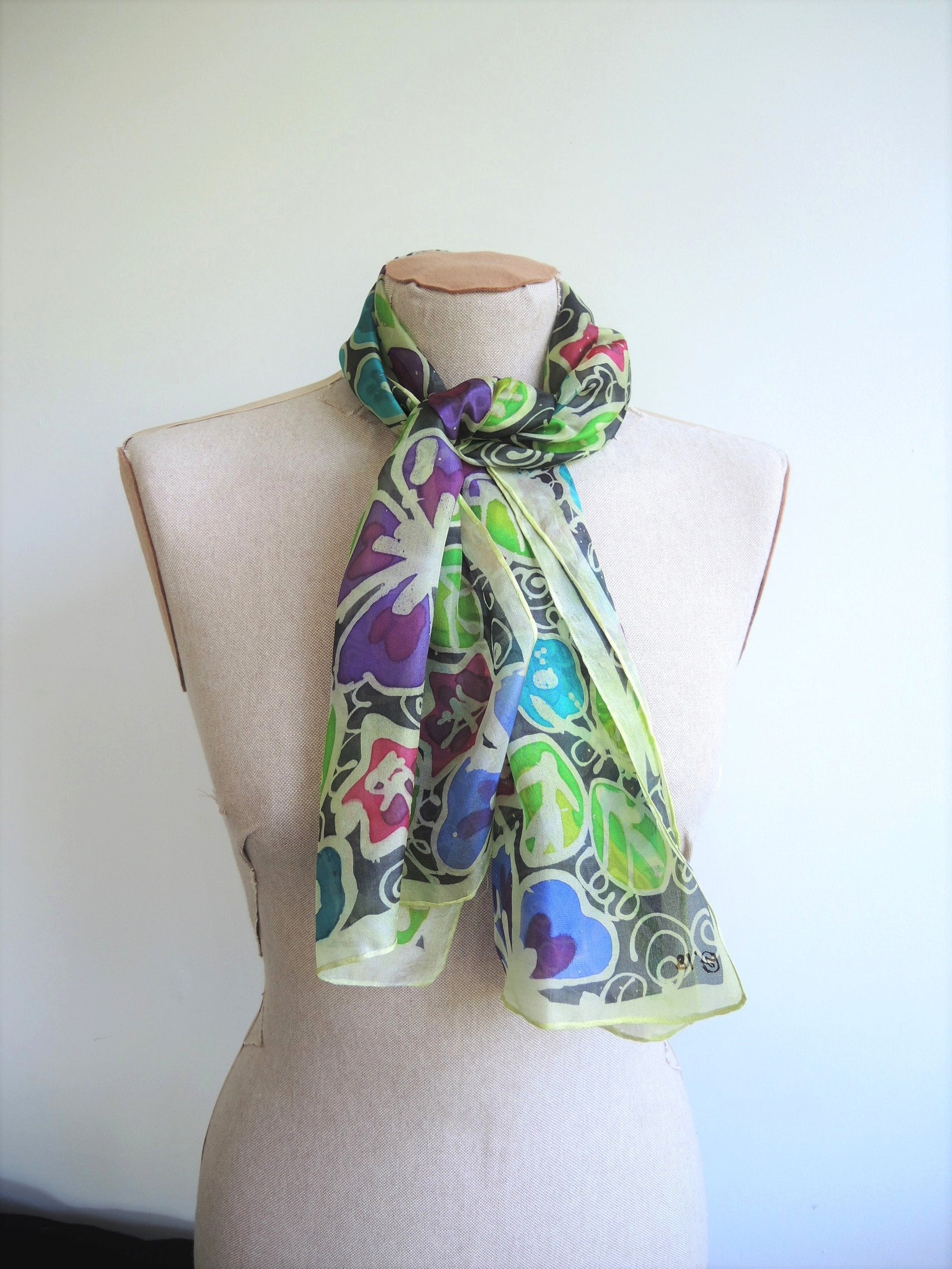 Small silk scarf Flower Vines lime green wearable painted | Etsy