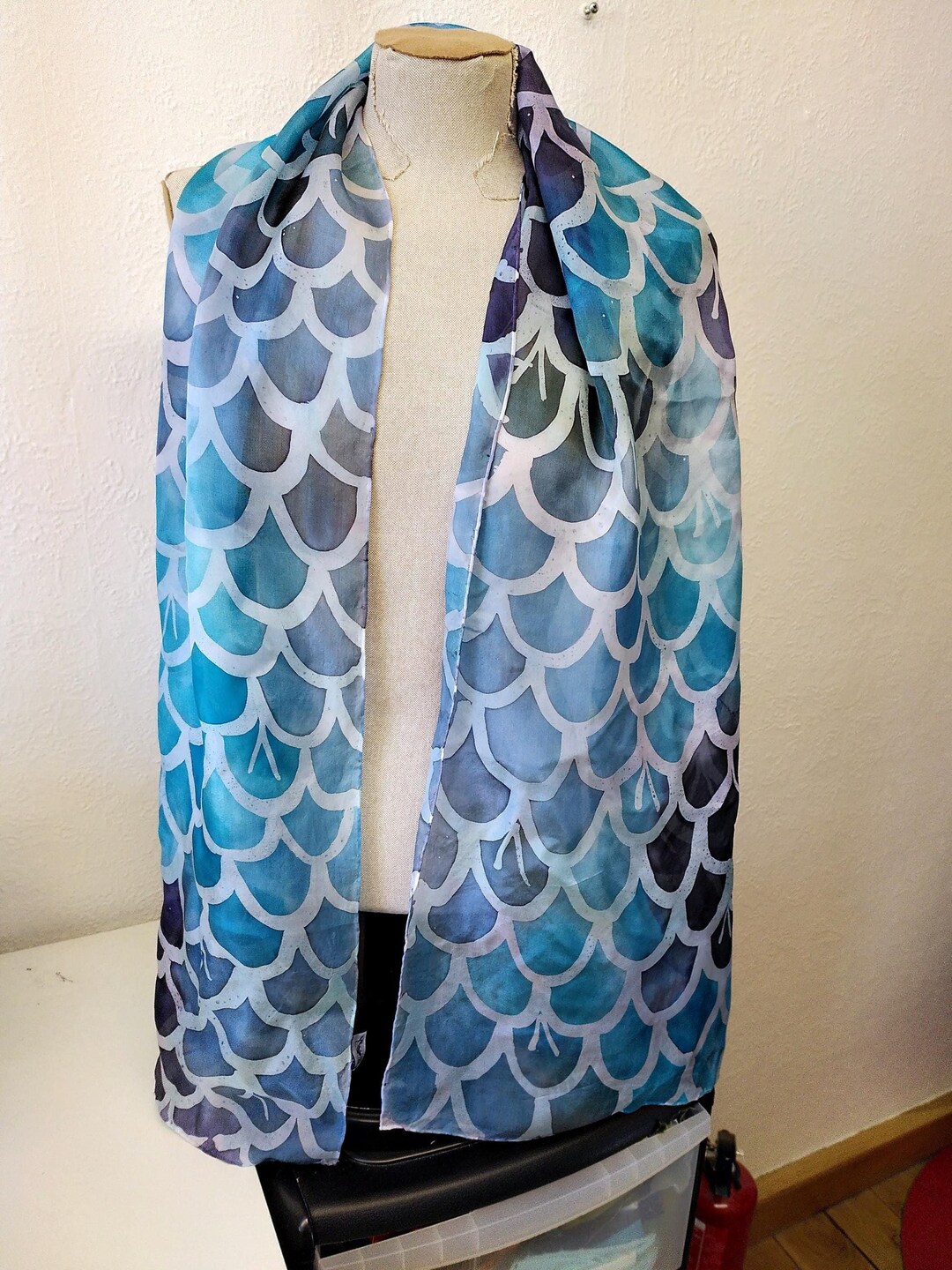NEW Blue & Silver Dragon Scale Scarf Large Silk Art Wrap Abstract ...