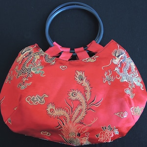 Red Moon Bag in Red Chinese Satin Brocade With Hoop Handles - Etsy