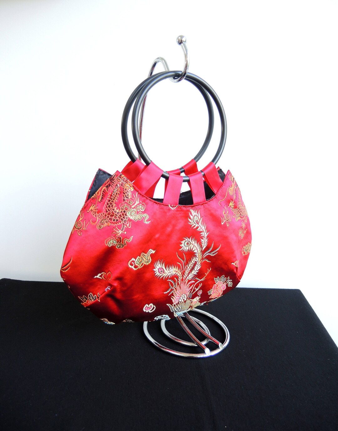 Red Moon Bag in Red Chinese Satin Brocade With Hoop Handles - Etsy