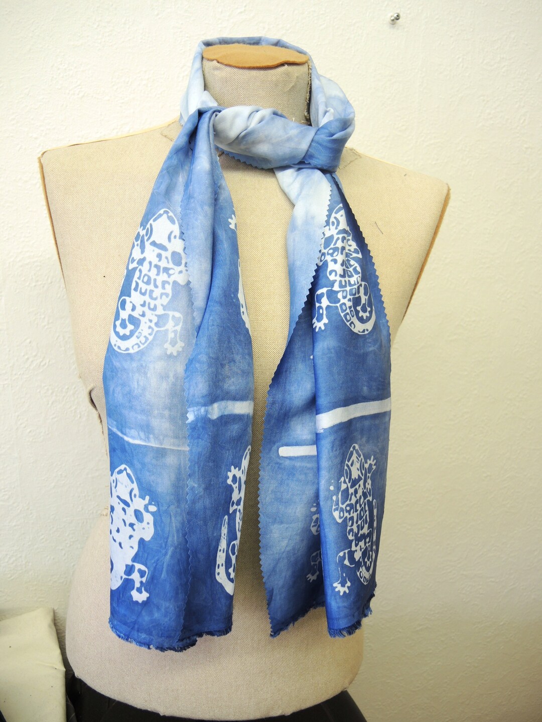 Vegetal Silk Scarf Indigo Lizards Wearable Painted Art Organic Bamboo ...