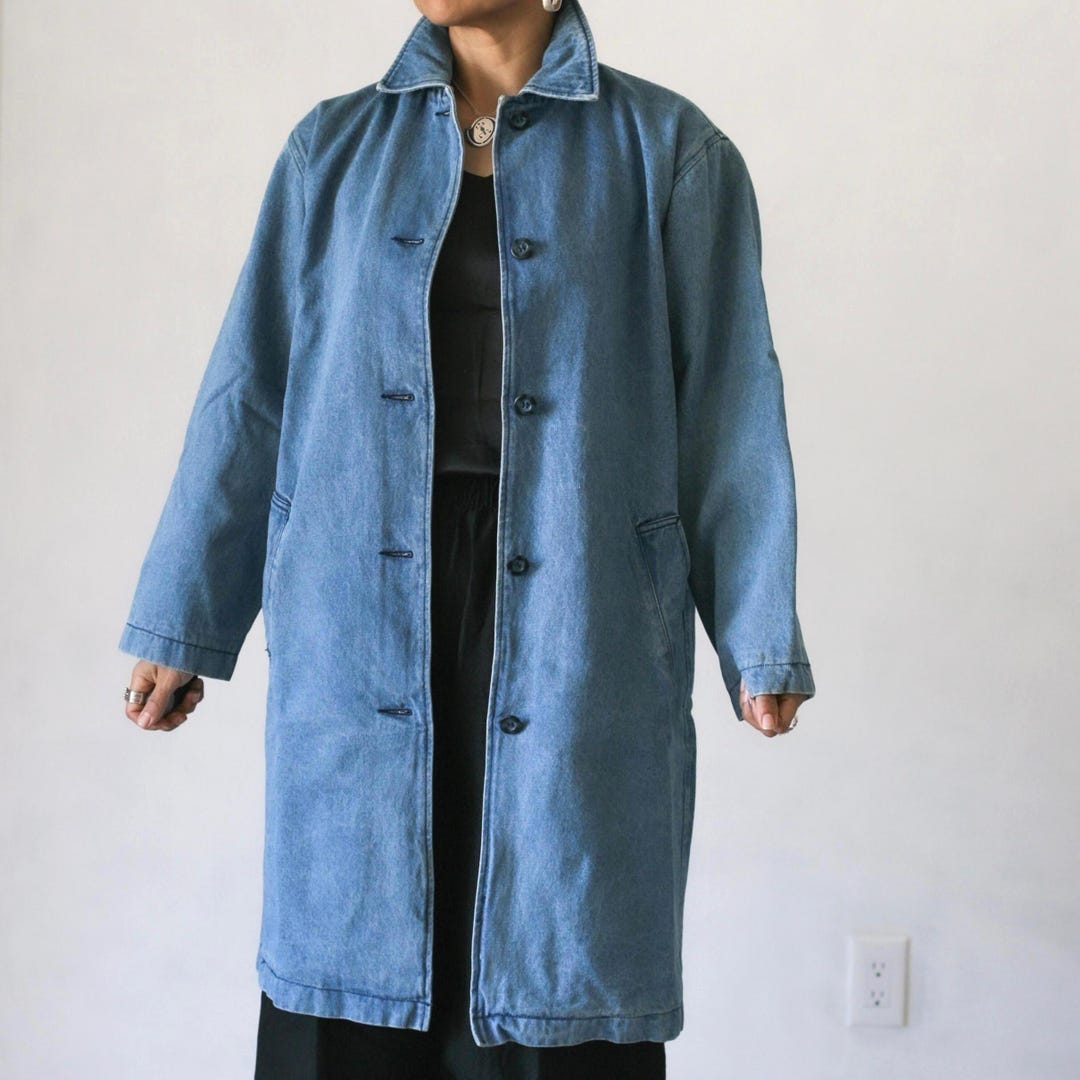V I N T A G E 80's 90's Denim Long Trench Coat/chore Jacket - Etsy