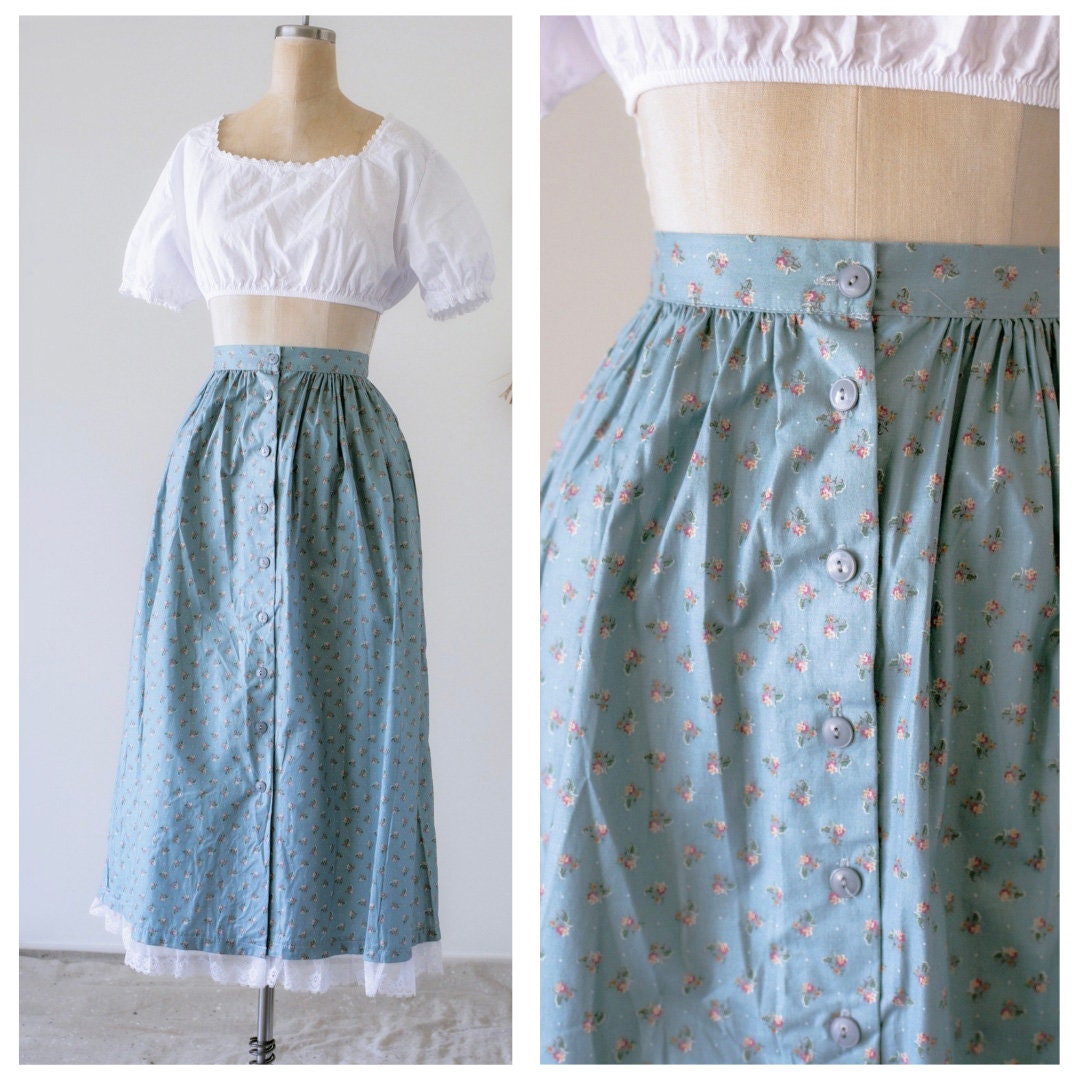 80s You Babes Floral Print Prairie Long Midi Button up Skirt/xs - Etsy
